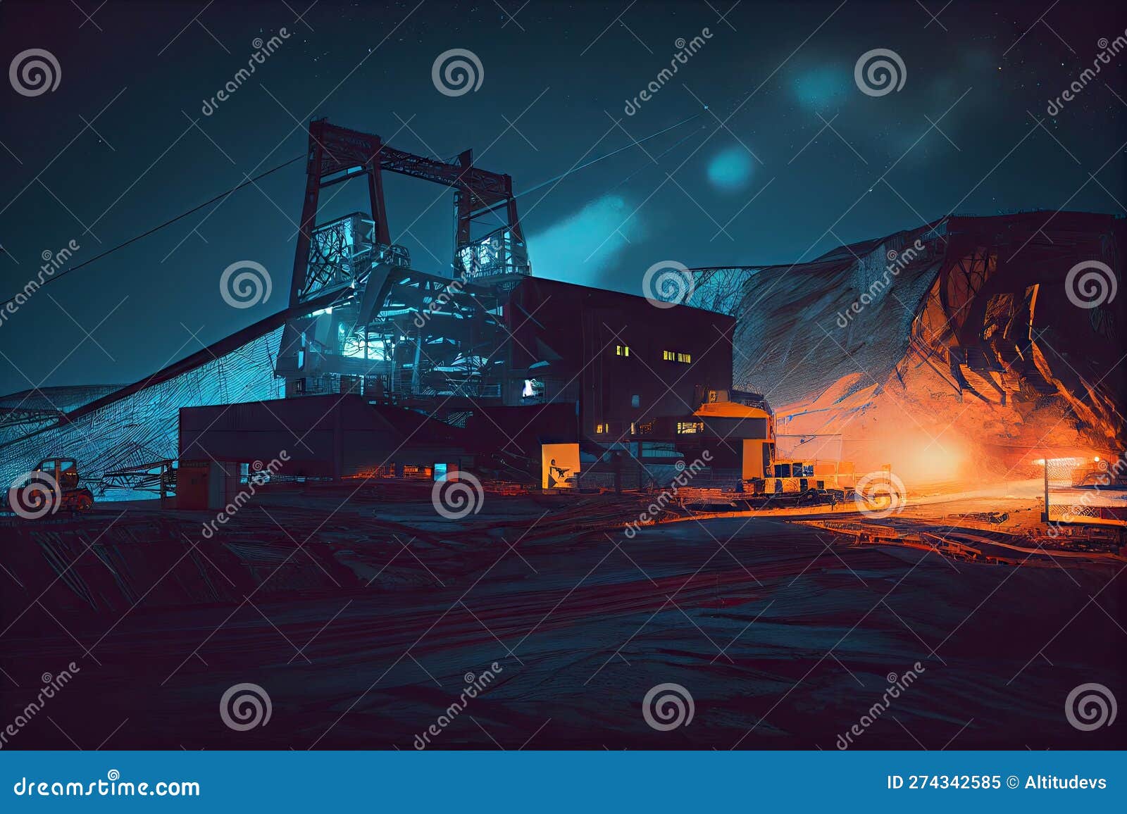 Double Exposure of Coal Mining Facility, with Bright Lights and ...