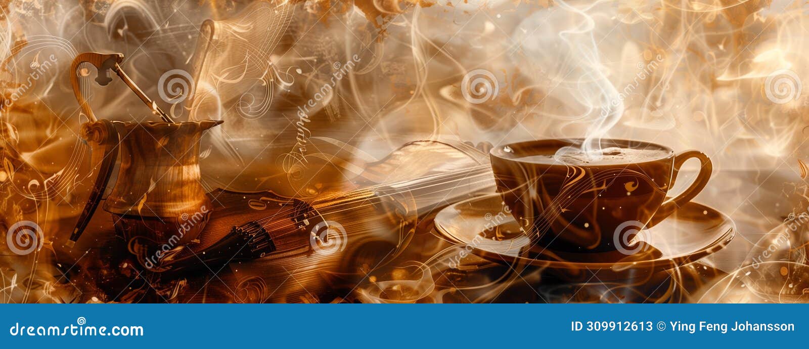 Double Exposure of Coffee and Musical Instrument. Stock Illustration ...