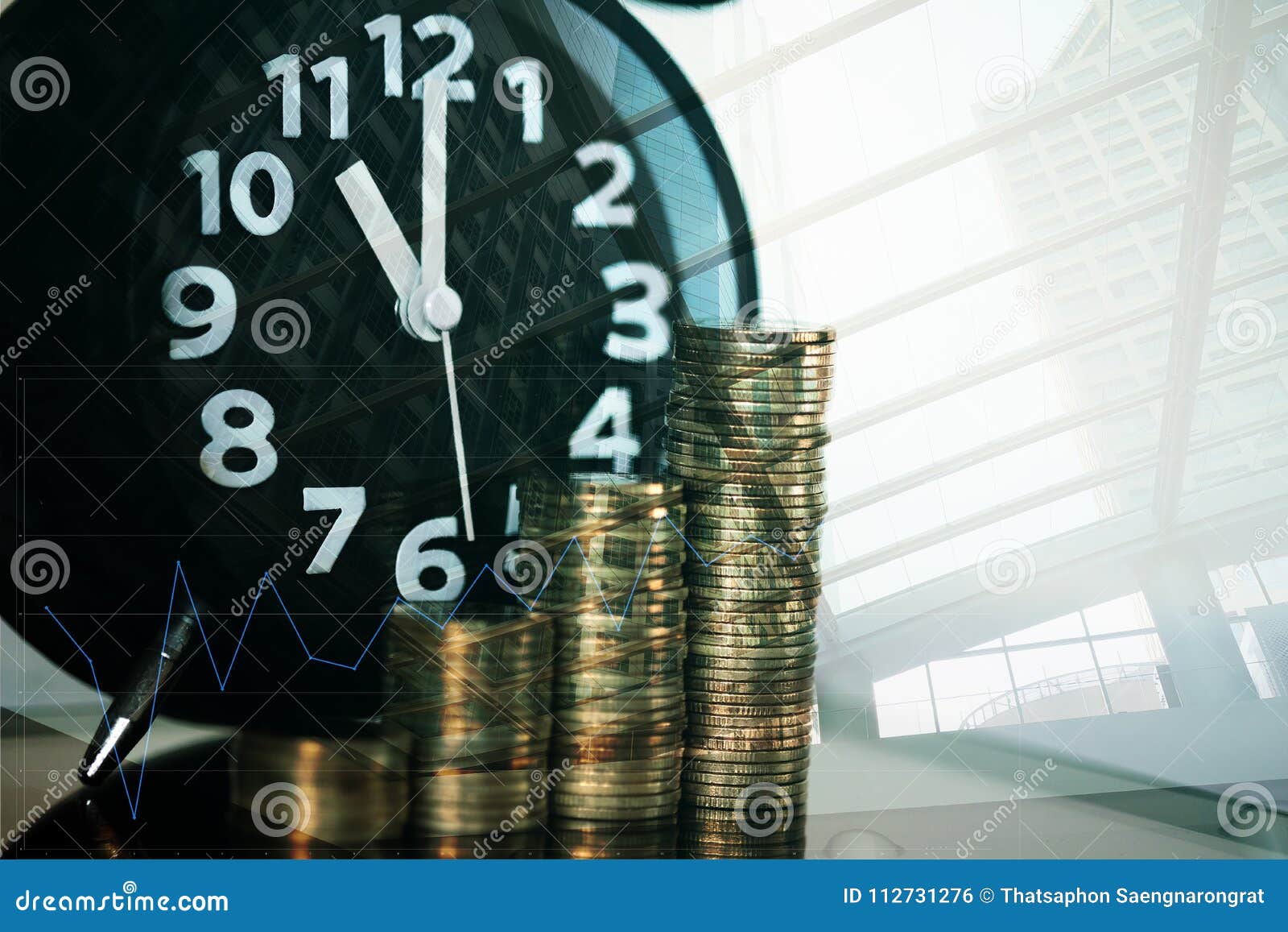 Double Exposure of Coin Stack and Alarm Clock with City Background and ...
