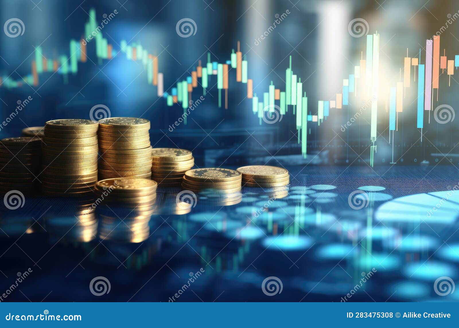 Double Exposure of Coin Stack with Stock Market Graph and Forex Chart ...