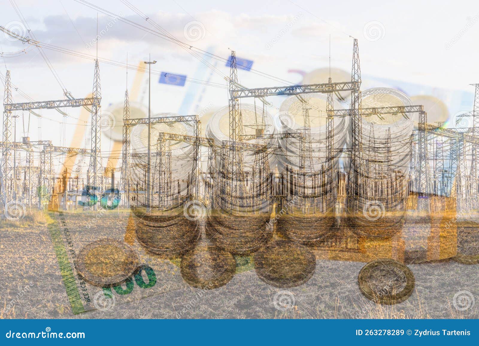 Double Exposure of Coins Stack with Electric Towers. Growing ...