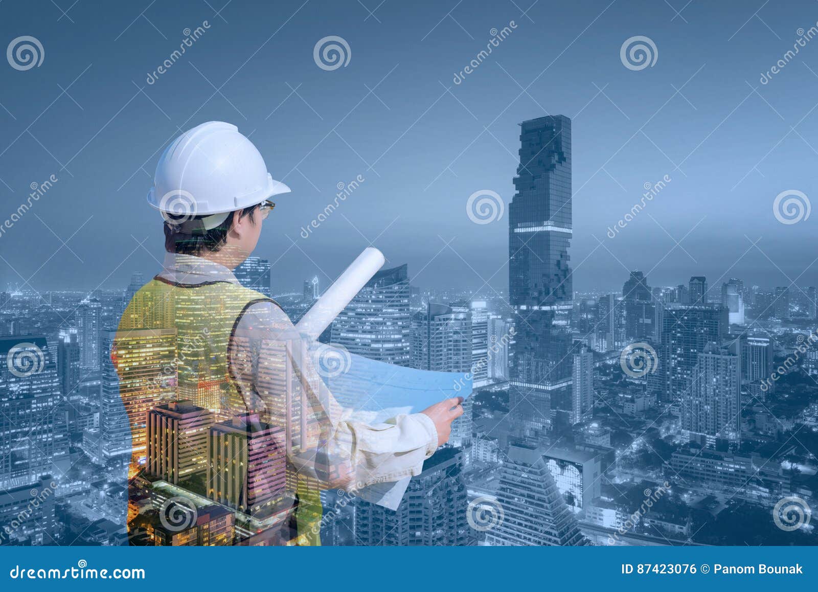 Double Exposure Construction Engineer with Modern Cityscape Stock Photo ...