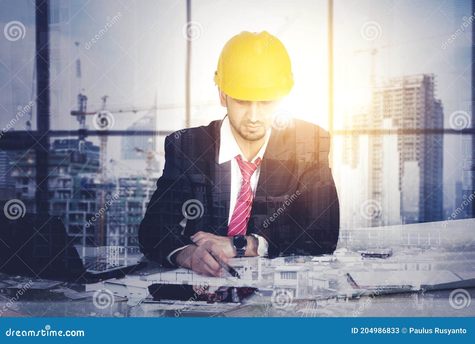 Double Exposure of Construction Supervisor in Office Stock Image ...