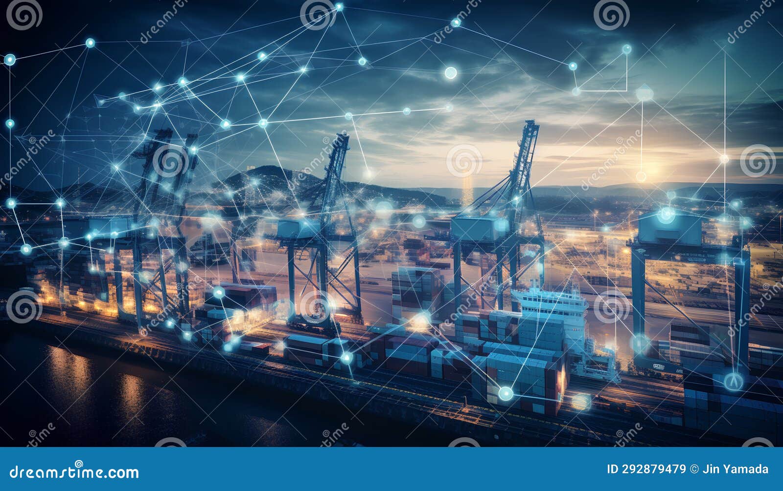 Double Exposure of Container Terminal and Freight Ship with Network ...