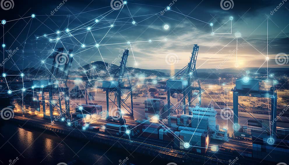 Double Exposure of Container Terminal and Freight Ship with Network ...