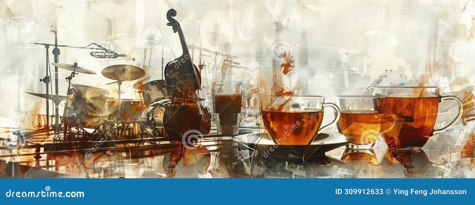 Double Exposure of Cups of Tea with a Pot, and Musical Instruments ...