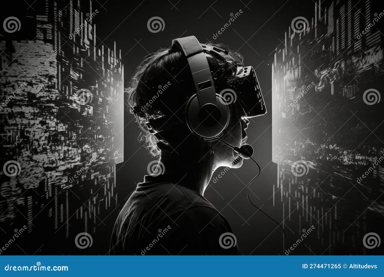 Double Exposure of Dark Room with Computer Screen and Headset Vr Stock ...