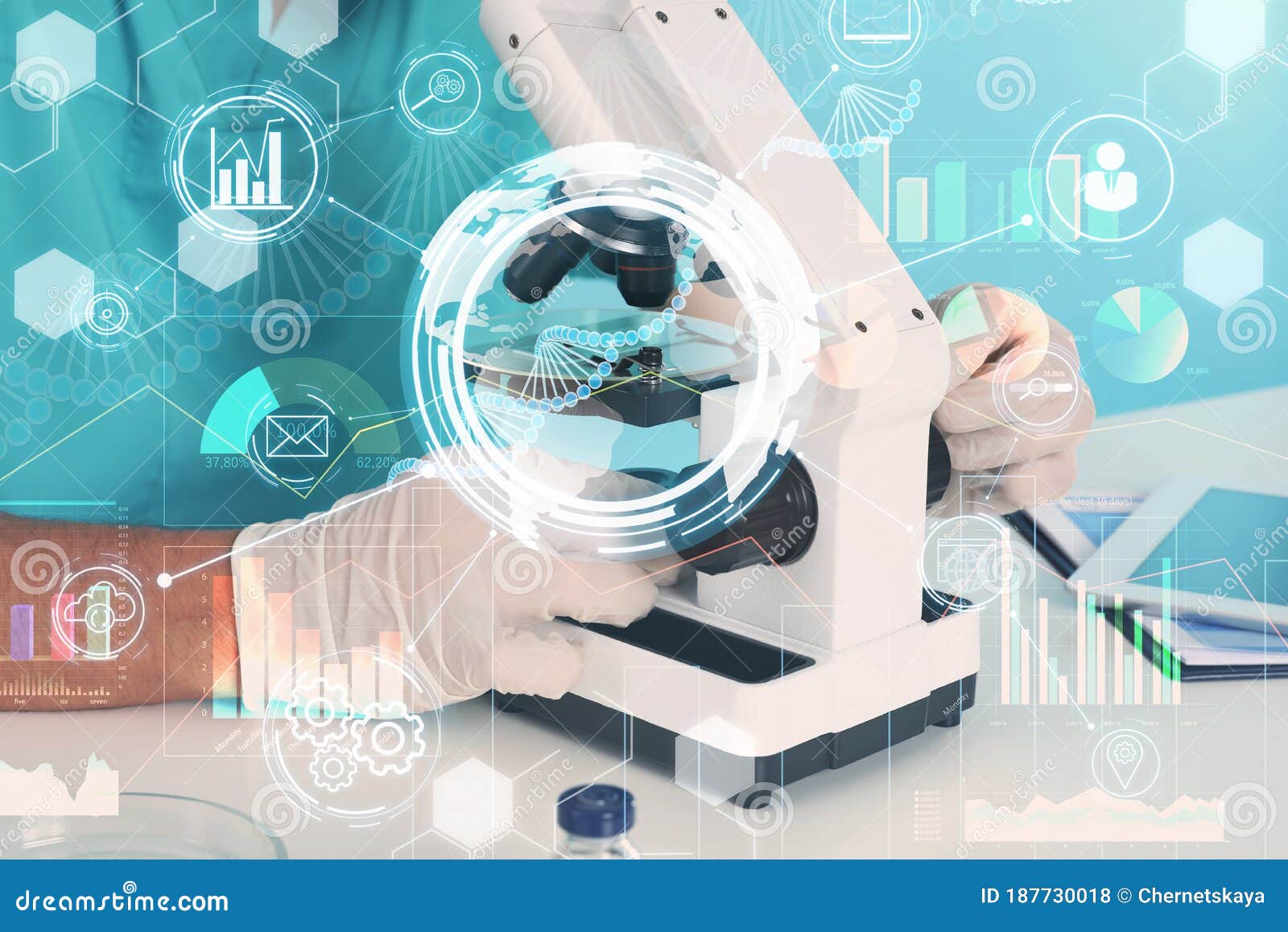 Double Exposure of Doctor Working with Microscope, Machine Learning ...