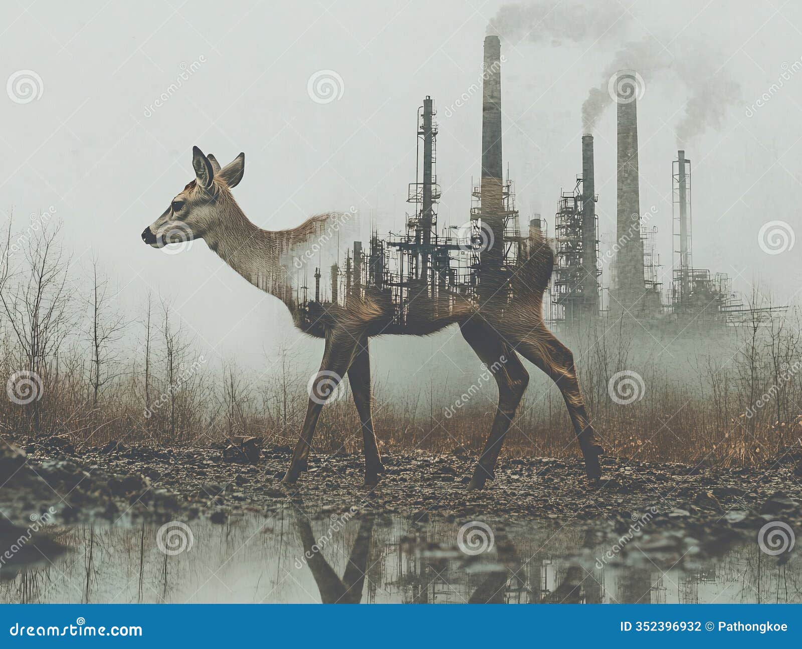 Double Exposure Effect of Deer Walking and Industrial Plant. Pollution ...