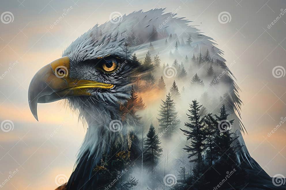 Double Exposure Effect Image of Eagle and Forest Beautiful Collage ...