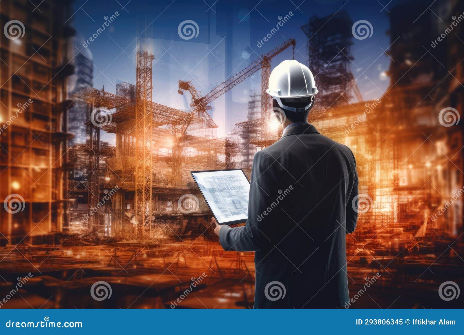 Double Exposure of Engineer or Architect Working on Construction Site ...