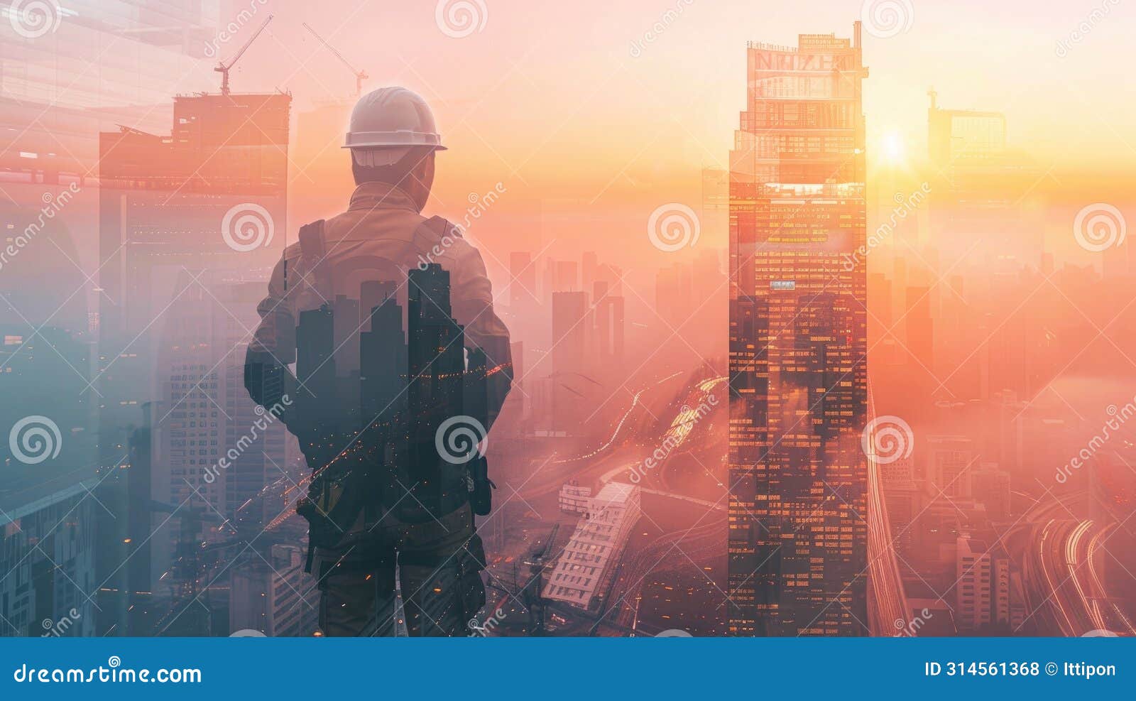 Double Exposure of Engineer Man with City Building. Stock Illustration ...