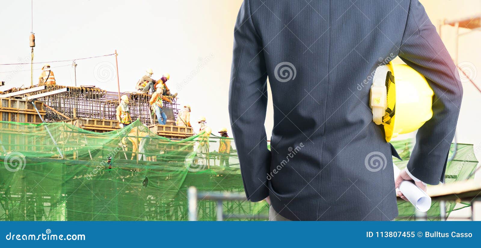 Double Exposure Engineer with Safety Helmet on Construction Back Stock ...