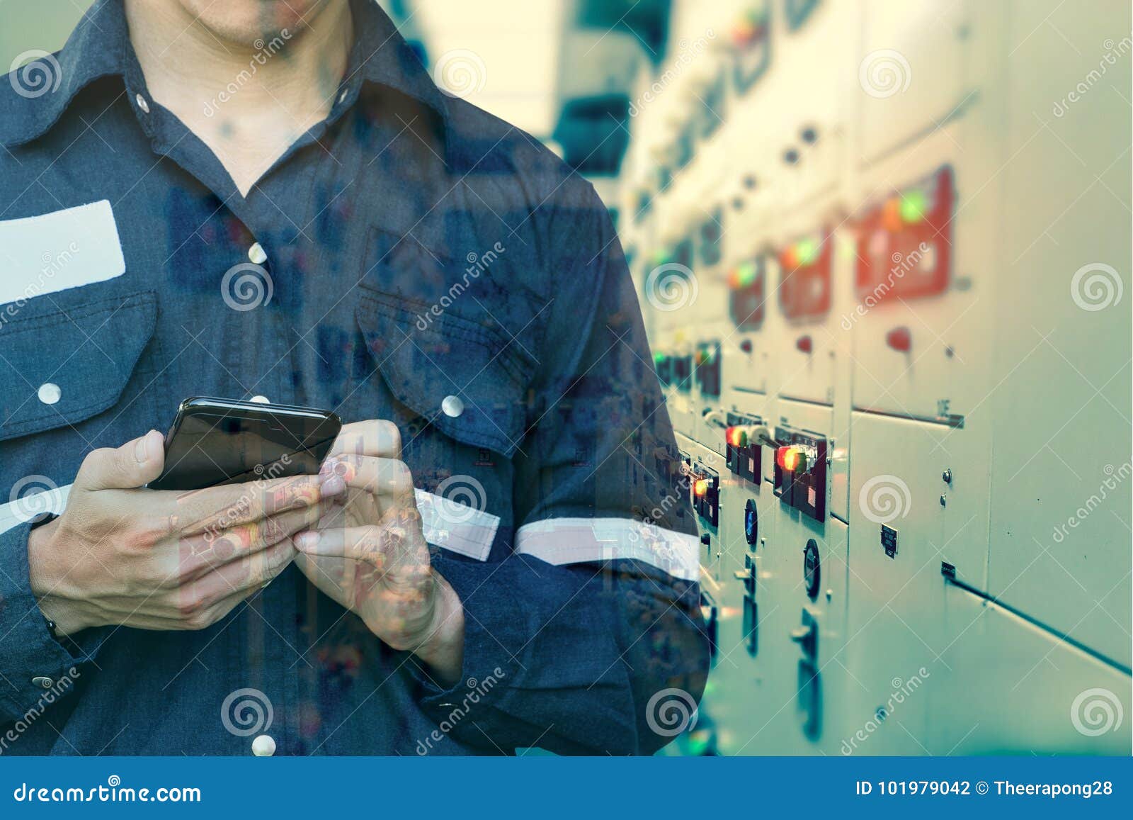 Double Exposure of Engineer or Technician Man Using Smart Phone Stock ...