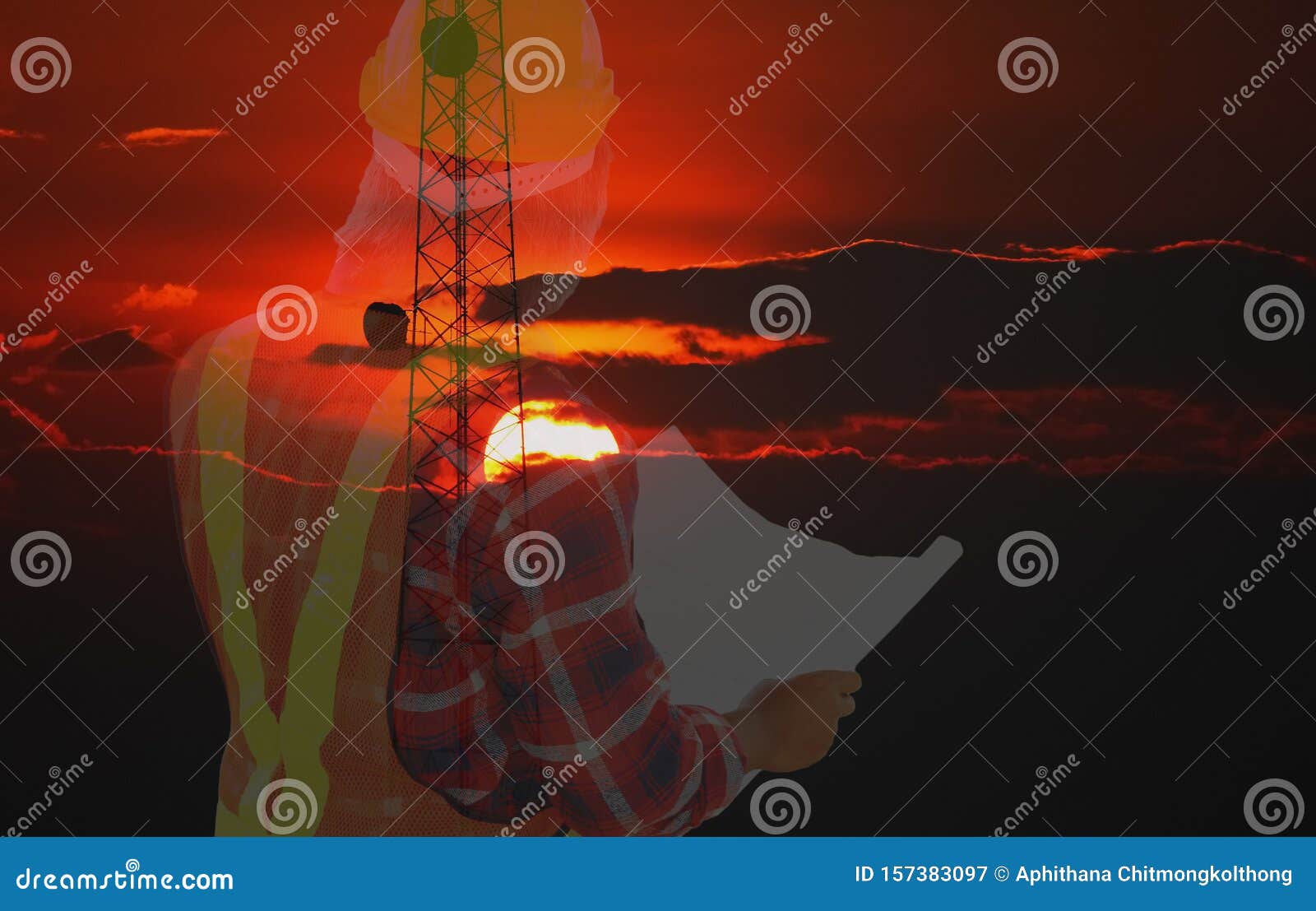 Double Exposure of Engineer and the Telacommunication Pole or Mobile ...