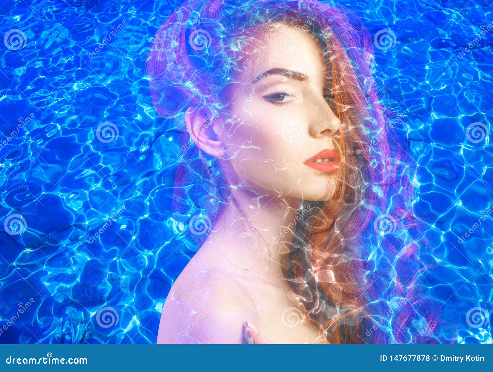 Double Exposure of Face and Blue Water Pool Ripple. Stock Photo - Image ...