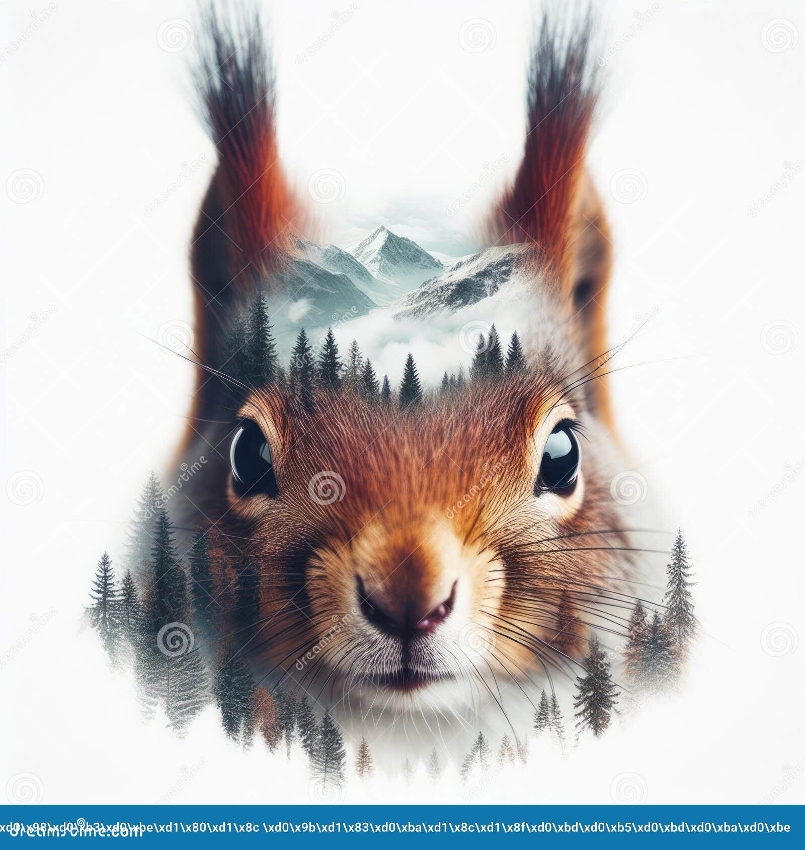 Double Exposure Face Squirrel with a Forest and Mountains Isolated on a ...