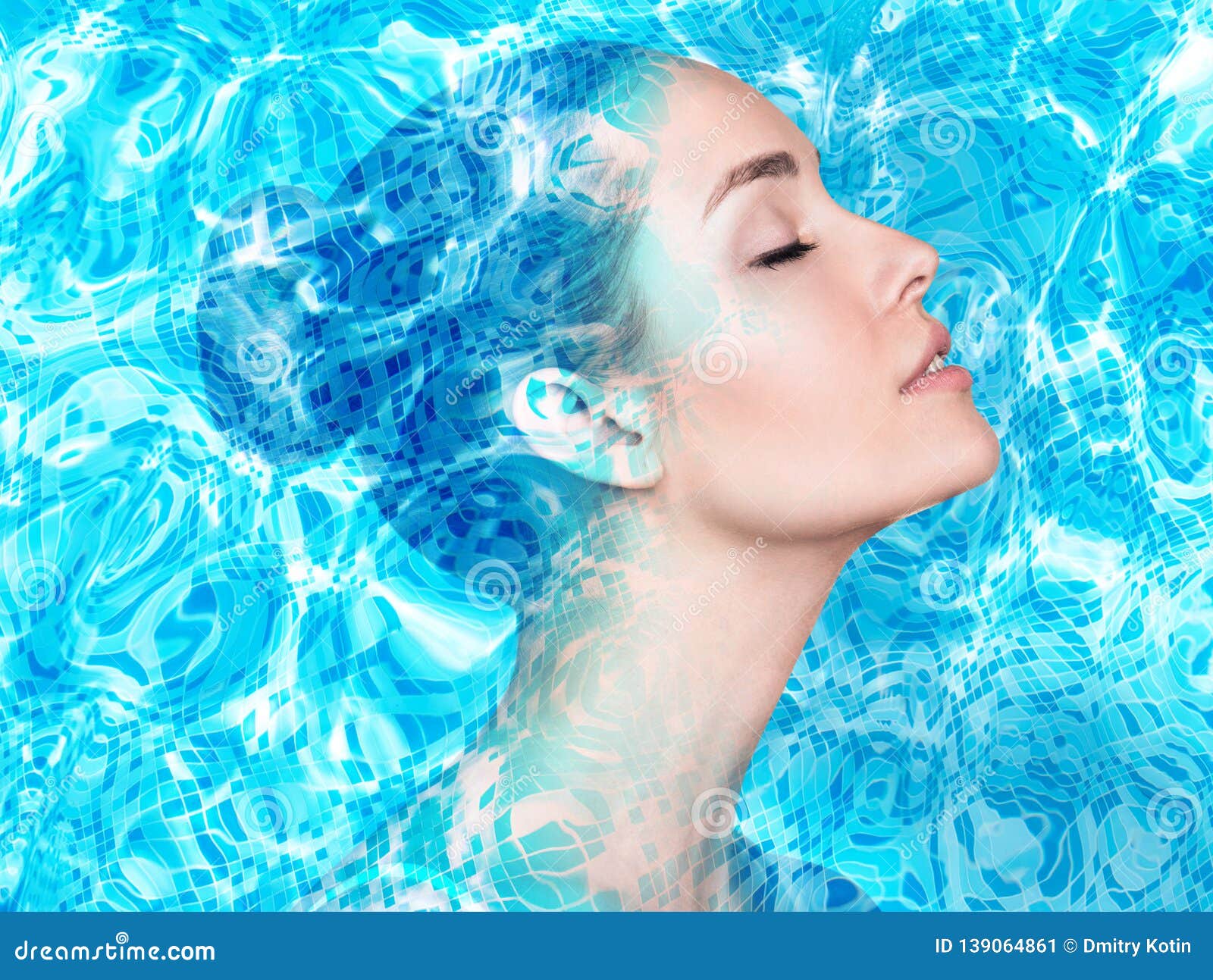 Double Exposure of Female Face and Water Pool Ripple. Stock Image ...