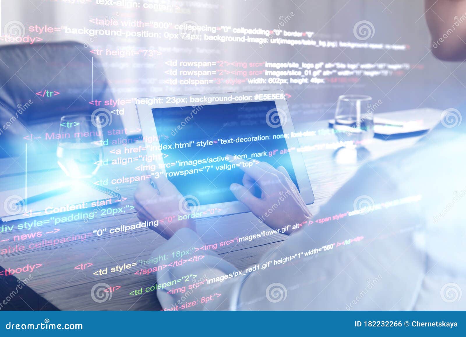 Double Exposure of Female Programmer Using Tablet and Source Code Written in Programming ...
