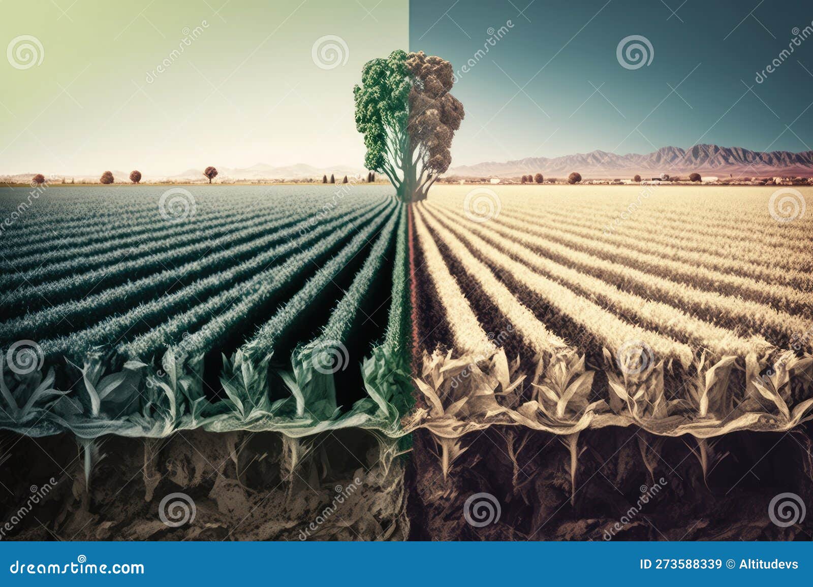 Double-exposure of Fields of Crops Growing Side by Side, with One Field ...