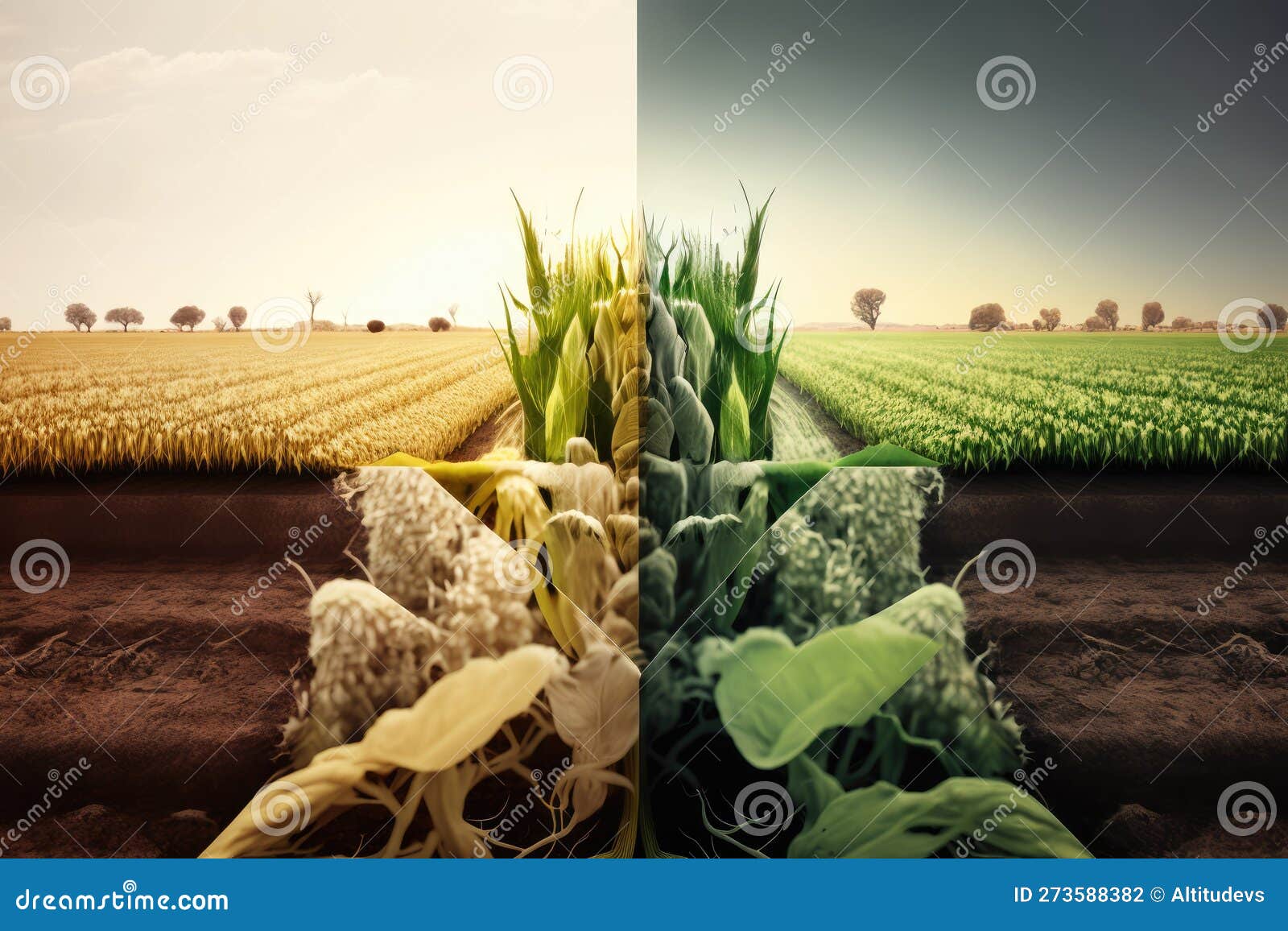 Double-exposure of Fields of Crops Growing Side by Side, with One Field ...