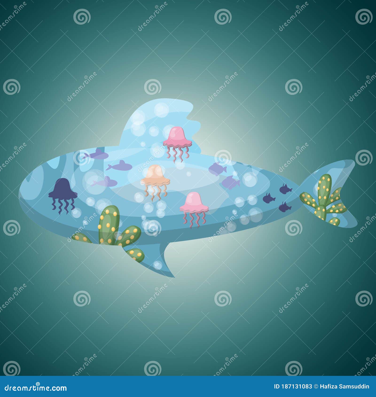 Double Exposure Fish and Marine Life. Vector Illustration Decorative ...