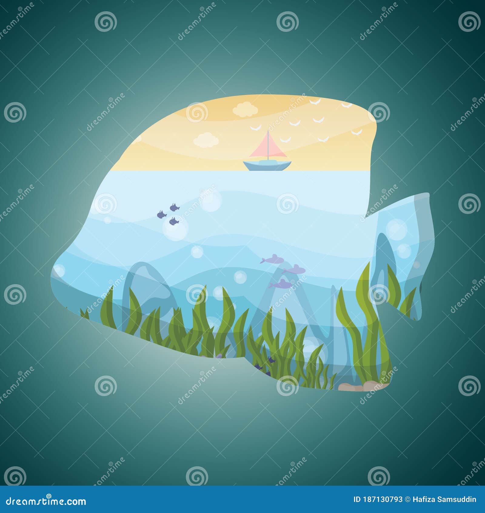 Double Exposure Fish and Underwater. Vector Illustration Decorative ...
