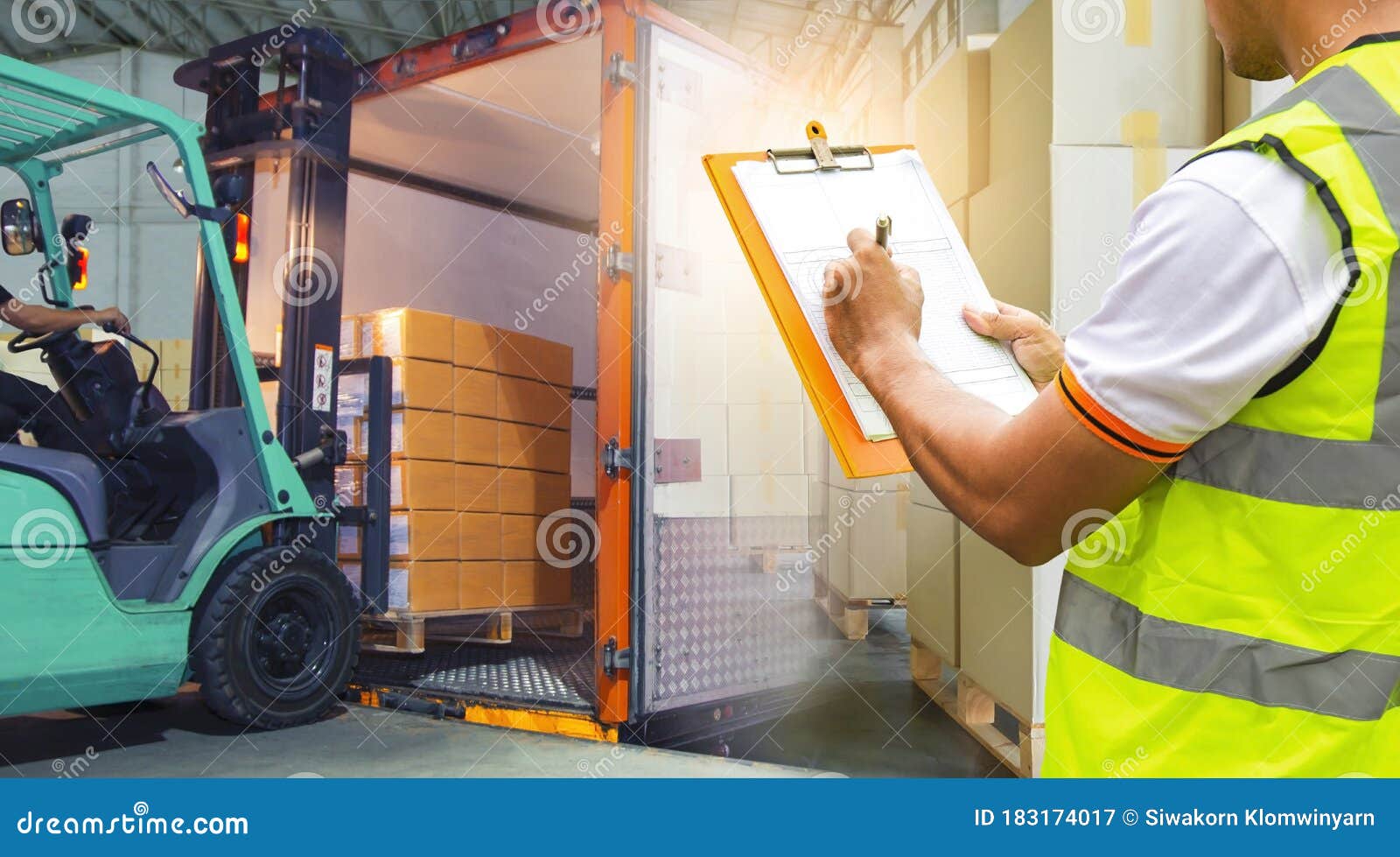 Freight Cargo Shipment with Container Truck. Double Exposure of ...
