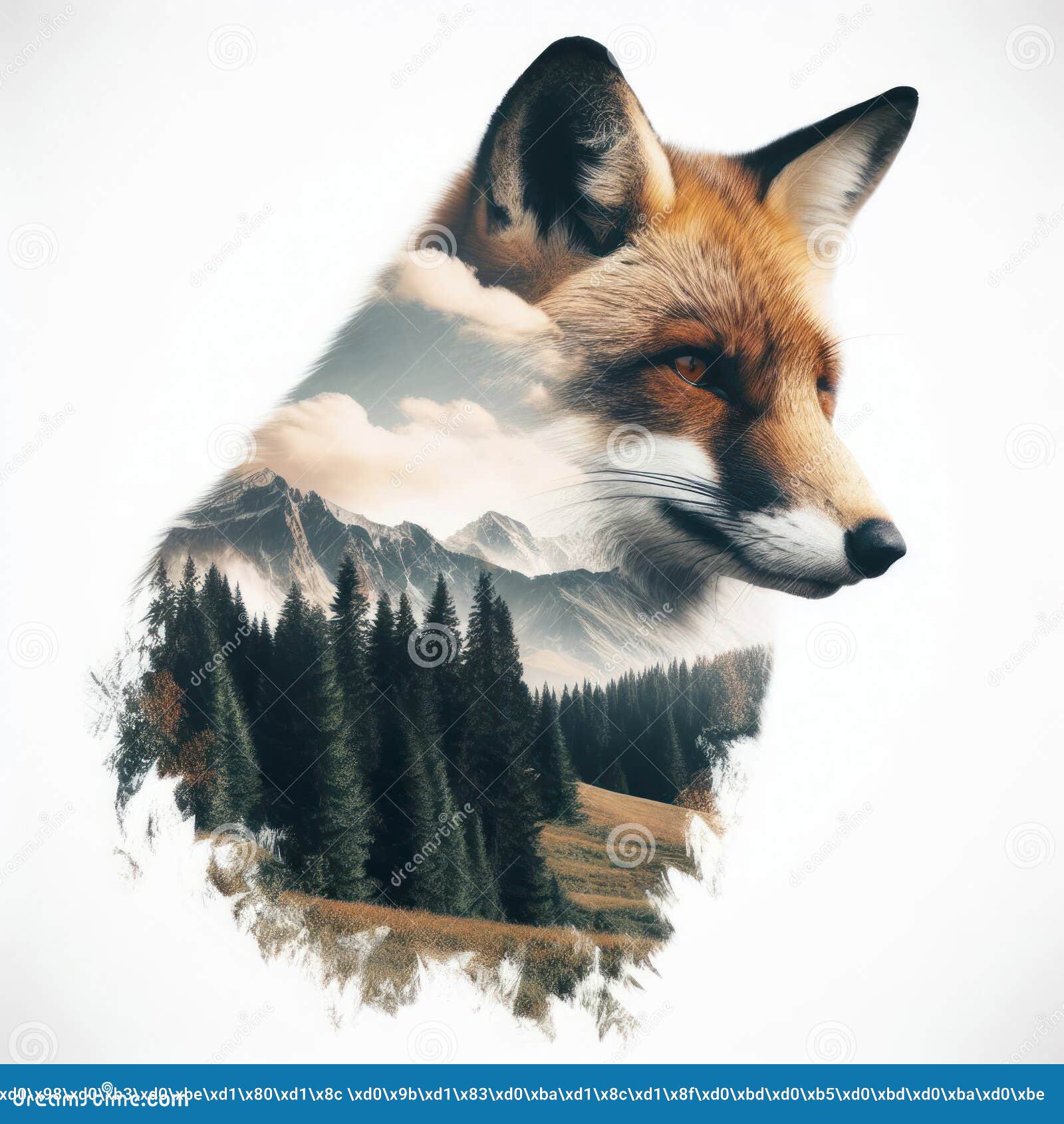 Double Exposure Fox with a Forest and Mountains Isolated on a White ...