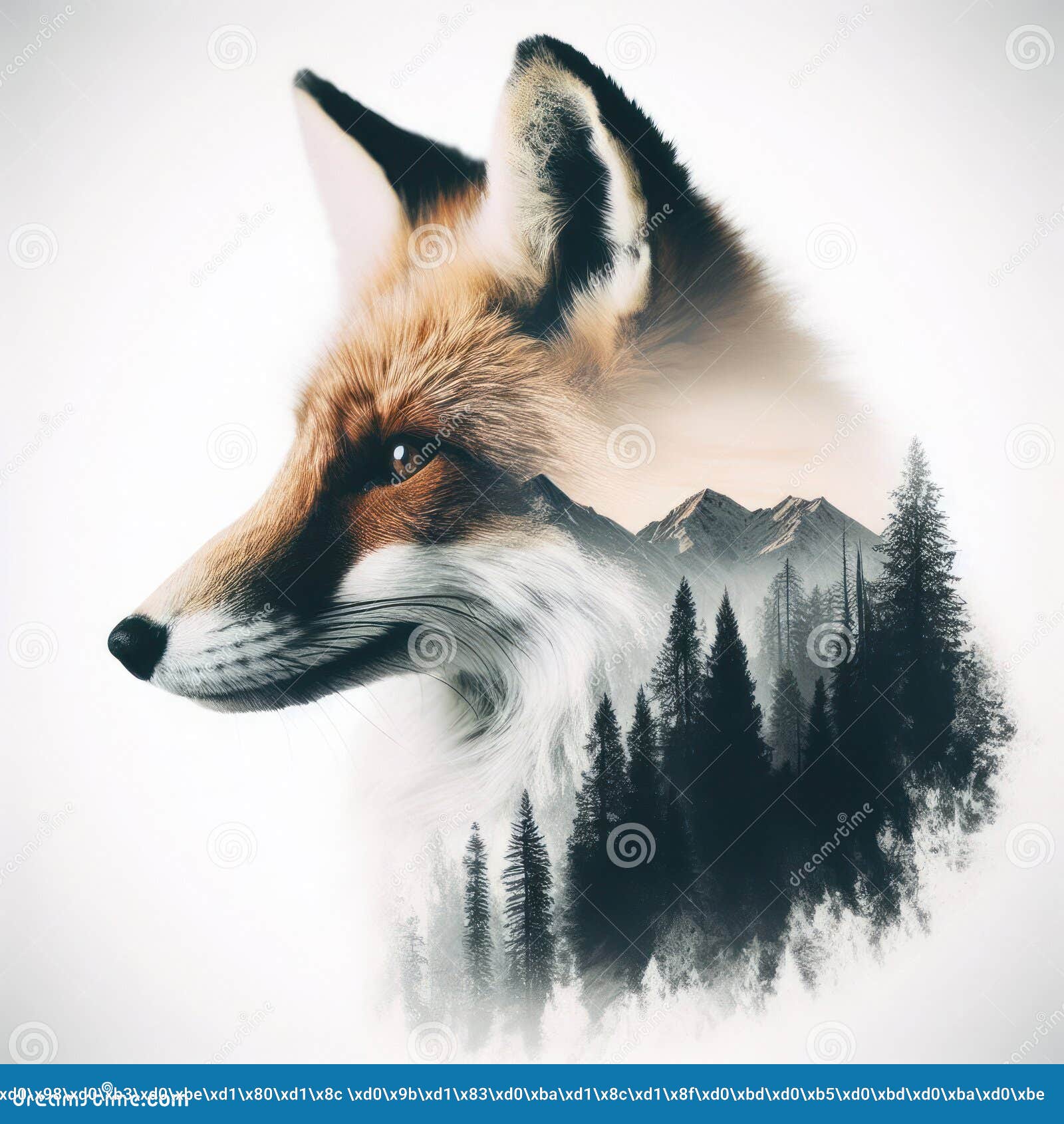 Double Exposure Fox with a Forest and Mountains Isolated on a White ...