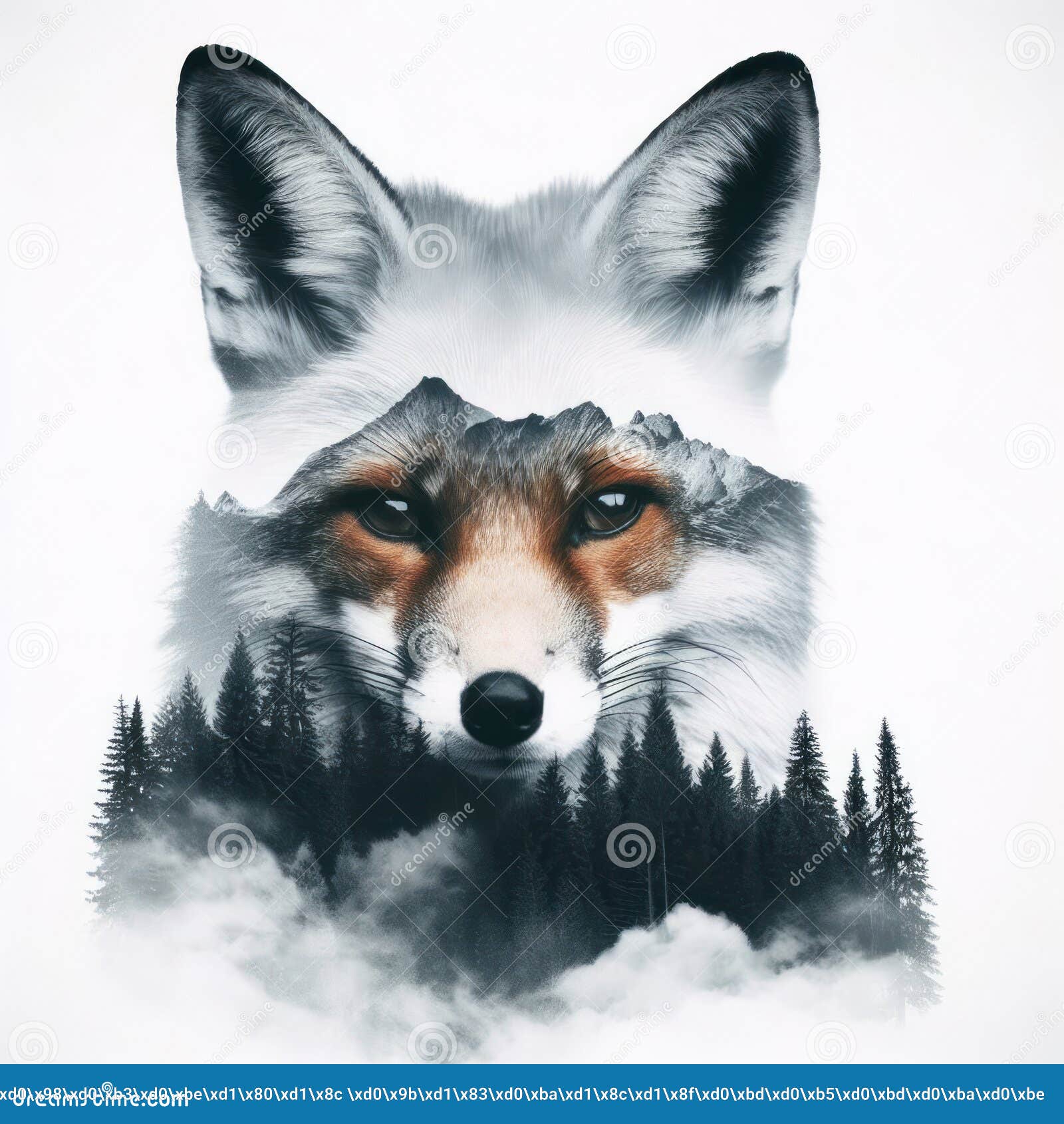 Double Exposure Fox with a Forest and Mountains Isolated on a White ...