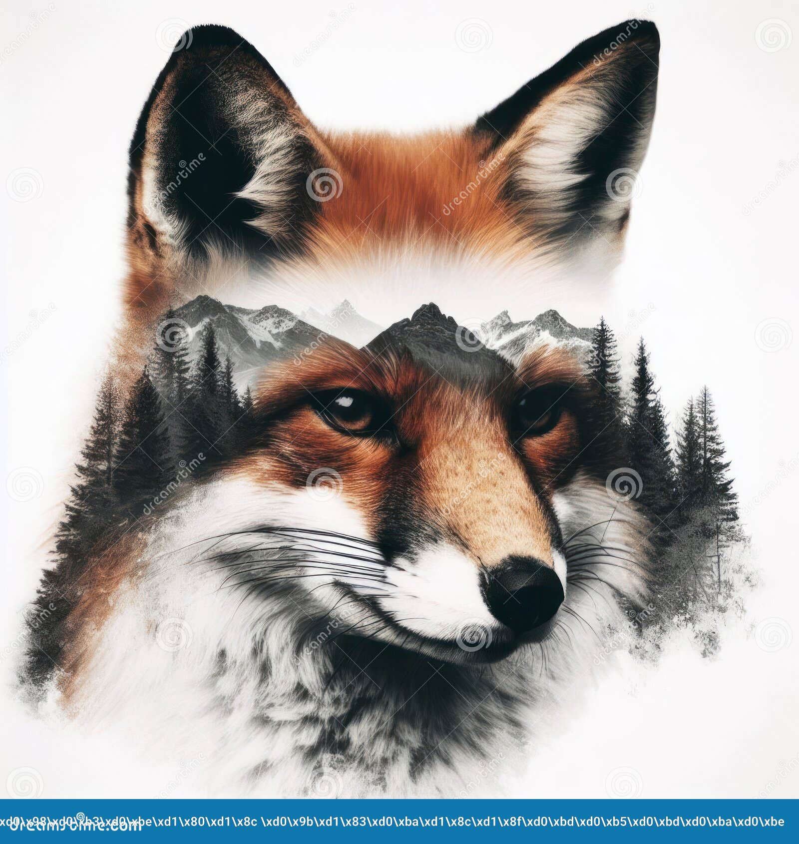 Double Exposure Fox with a Forest and Mountains Isolated on a White ...