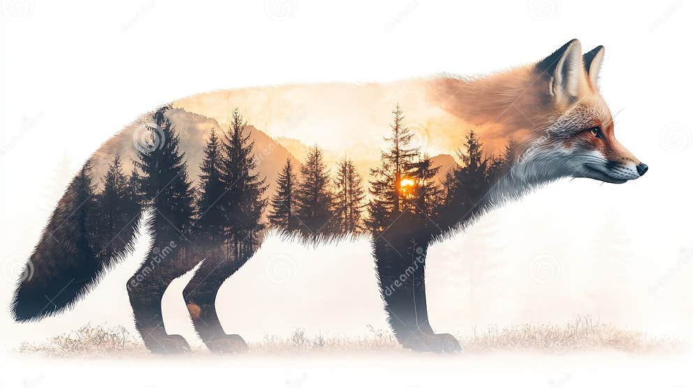 Double Exposure Fox with Forest Scene Stock Illustration - Illustration ...
