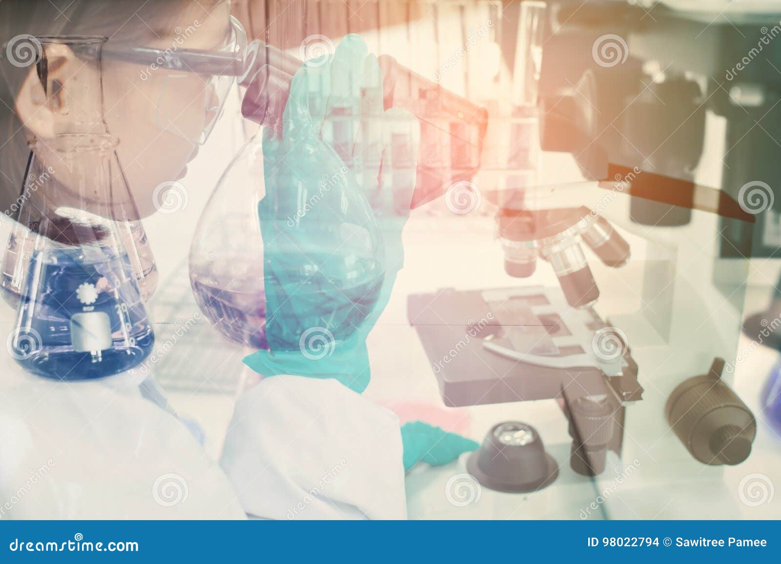 Double Exposure of Girl Using Microscope Scientific Experiment Stock ...