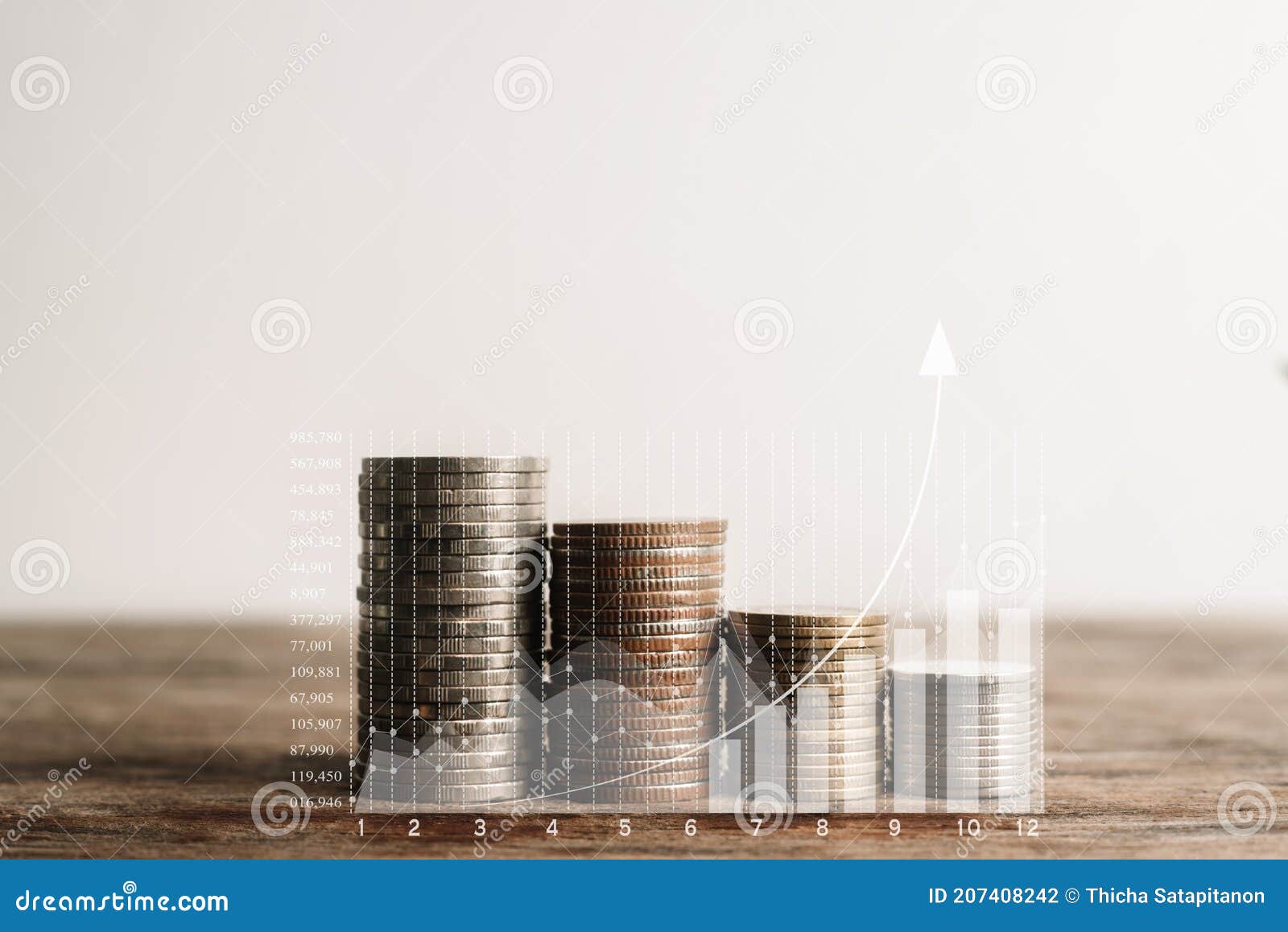 Double Exposure of Graph and Rows of Coins for Finance. Stock Photo ...