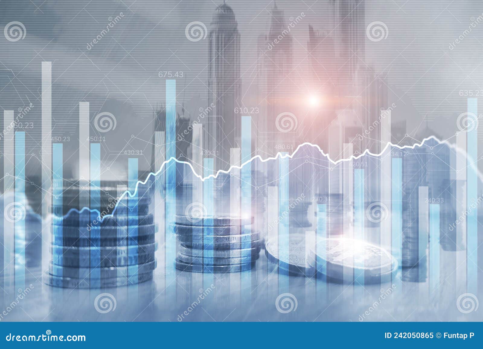 Double Exposure Graph and Rows of Coins for Finance and Business ...