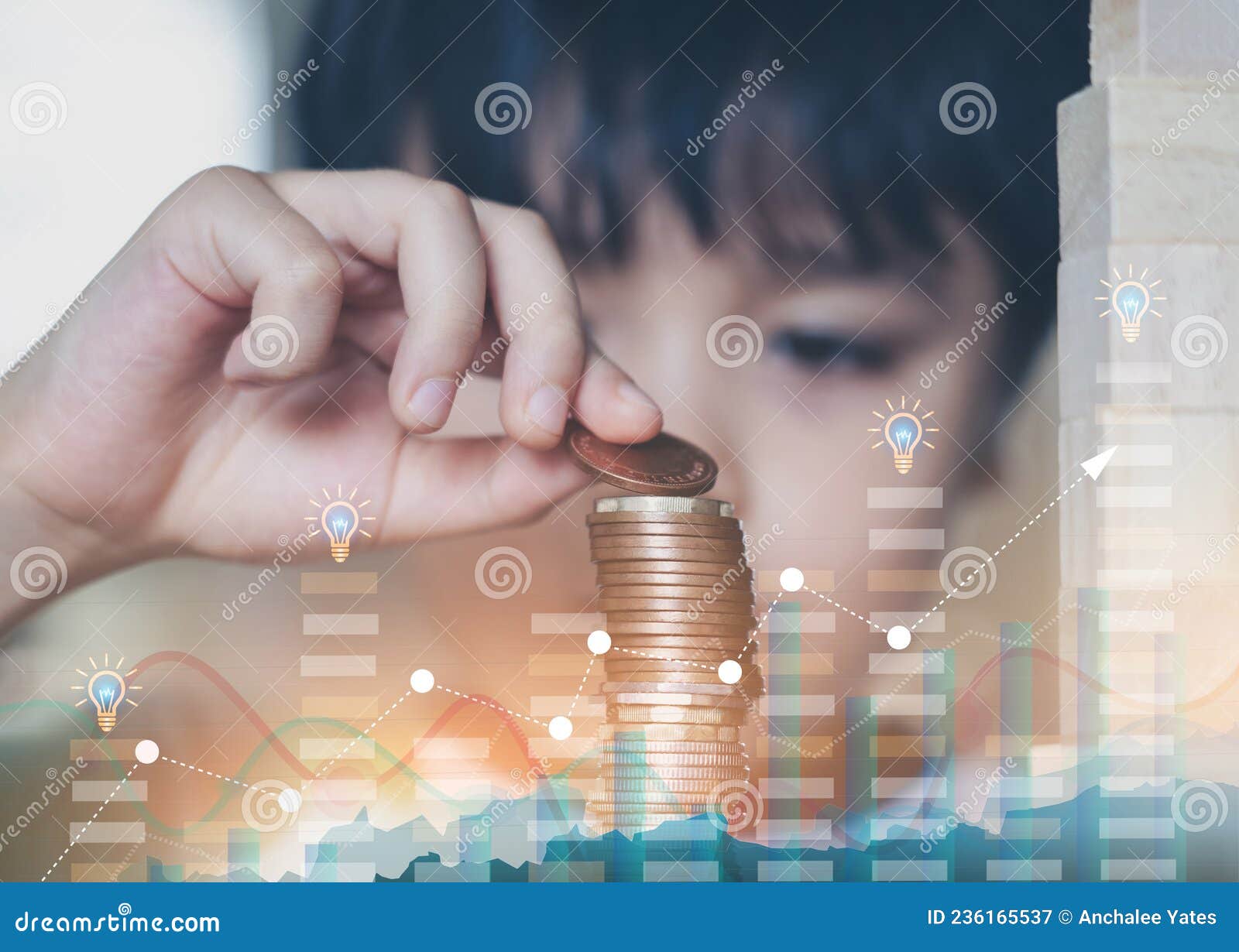 Double Exposure of Graph and Rows of with Kid Stacking Sterling Pound ...