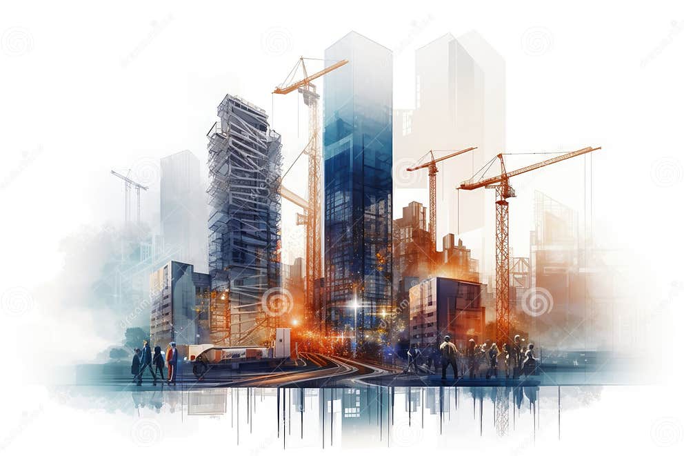 Double Exposure Graphic Design of Digital Building Construction ...