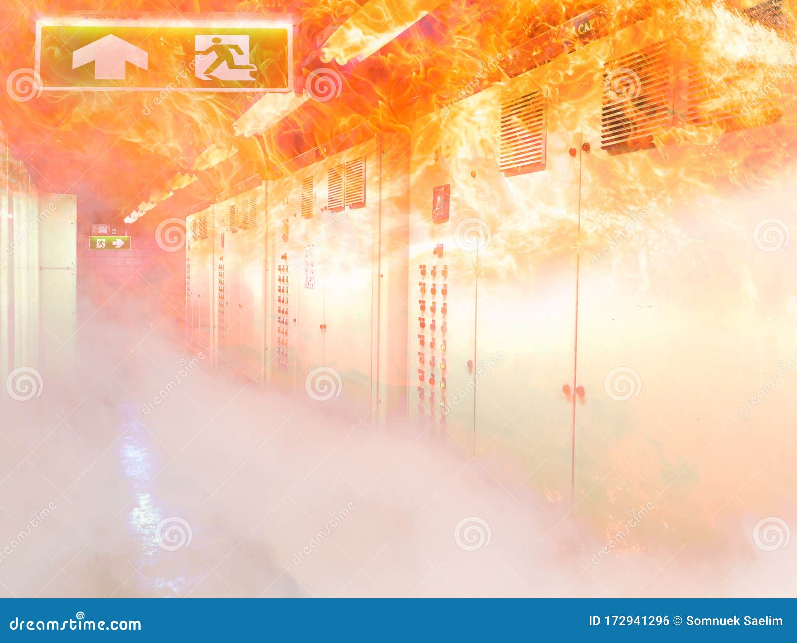 Double Exposure Green Emergency Exit Sign in Electric Control Showing ...