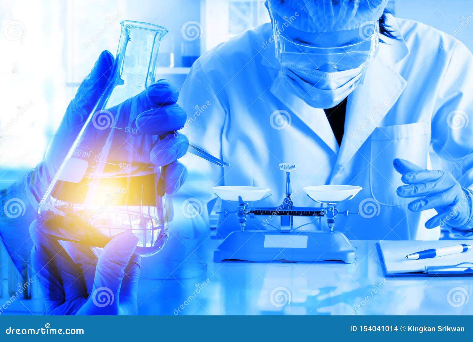 Double Exposure, Hand Hold Flask at Laboratory Stock Photo - Image of ...