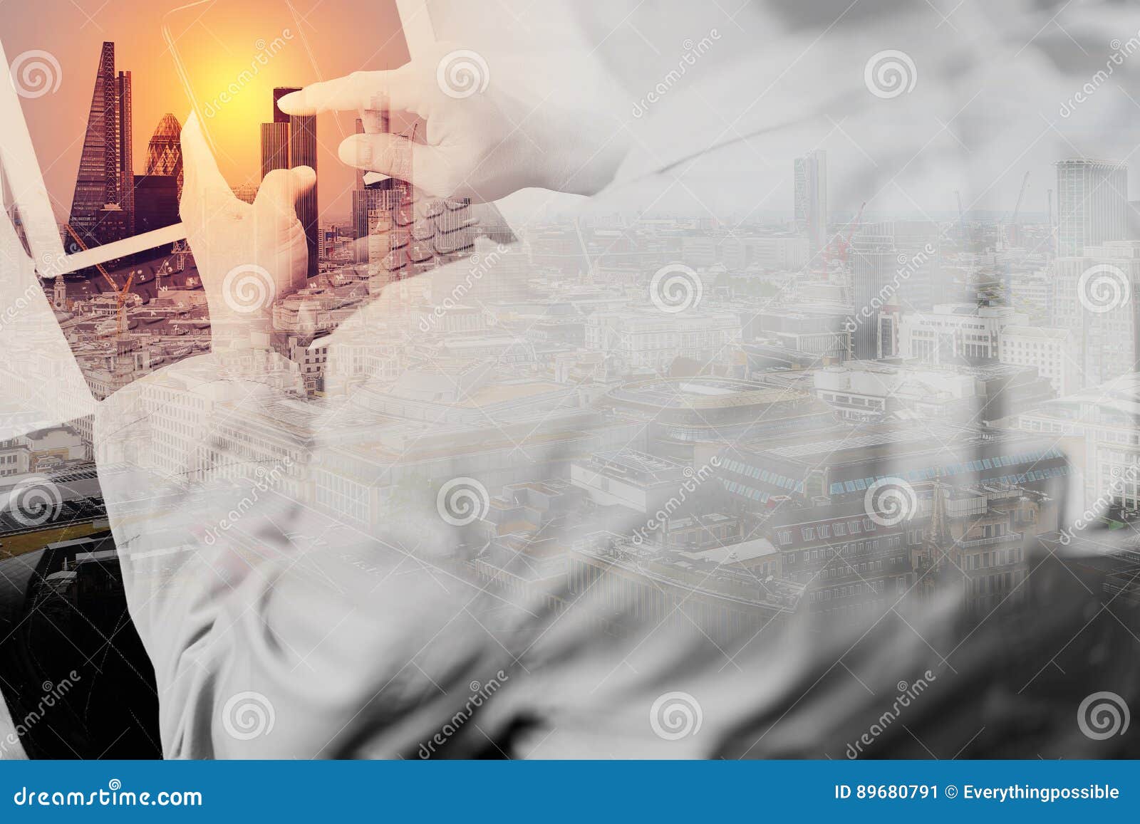 Double Exposure of Hand Using Smart Phone and Digital Tablet Com Stock ...