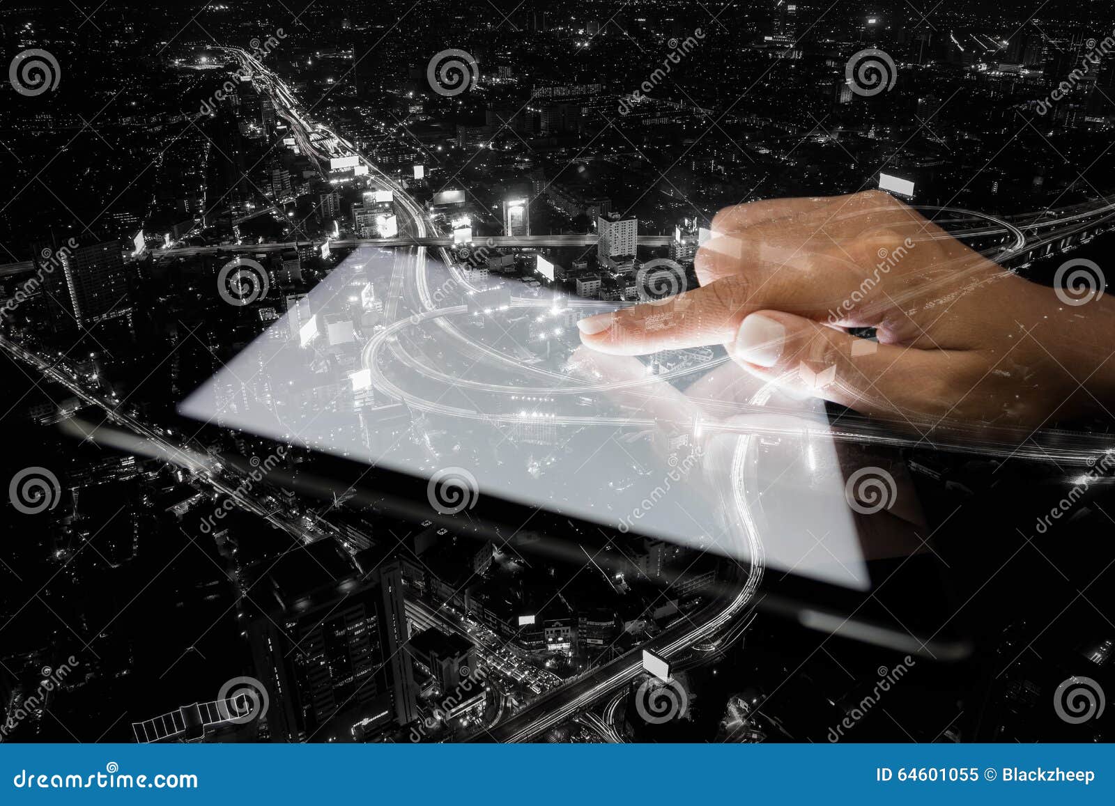 Double Exposure Hand Using Tablet and City on Night Stock Image - Image ...
