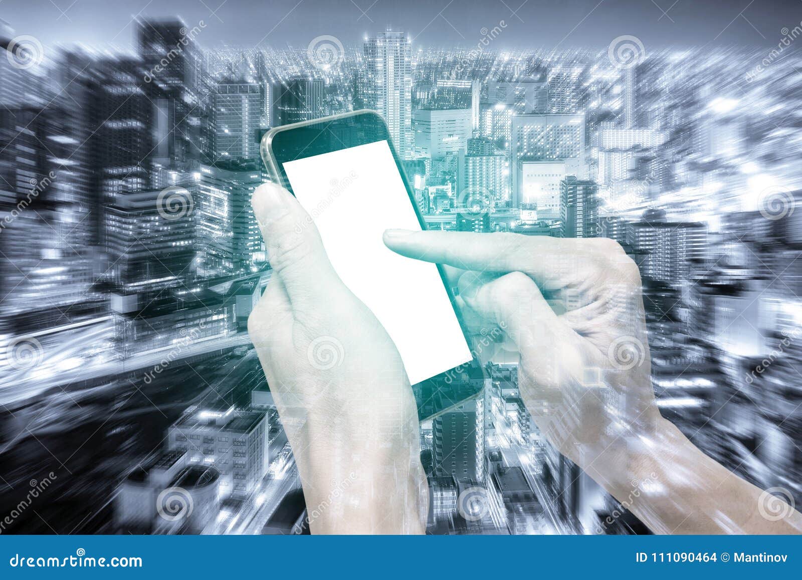 Double Exposure Hands Using Smartphone and City Stock Photo - Image of ...
