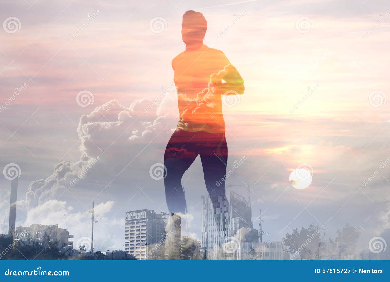 Double Exposure of Healthy Young Man Running after Work. Stock Image ...