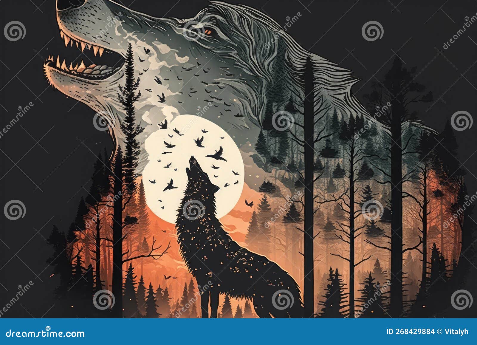 Double Exposure Howling Wolf and a Forest. Stock Photo - Image of ...
