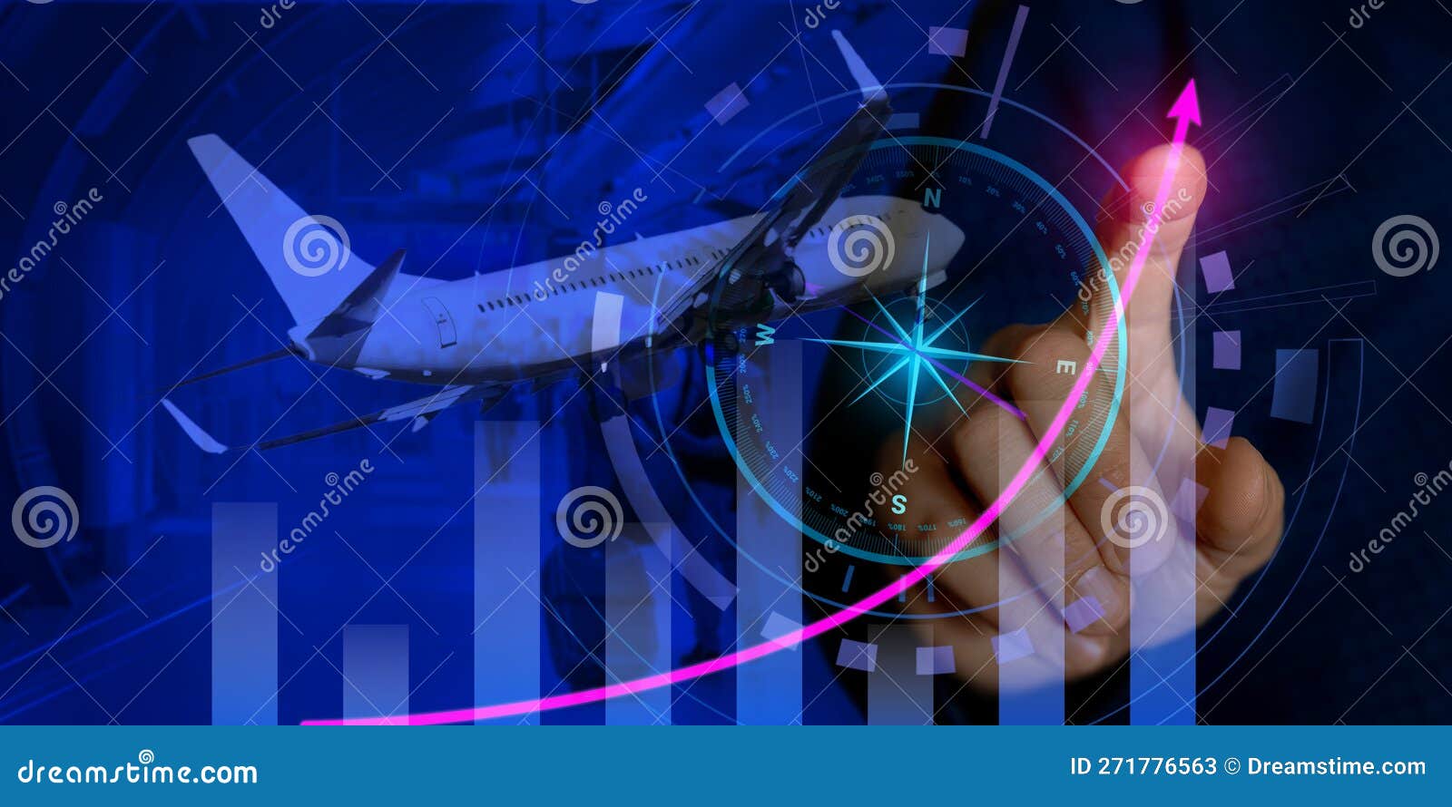 Double Exposure of Human Hand, Upward Graphs of Airport Traffic and ...