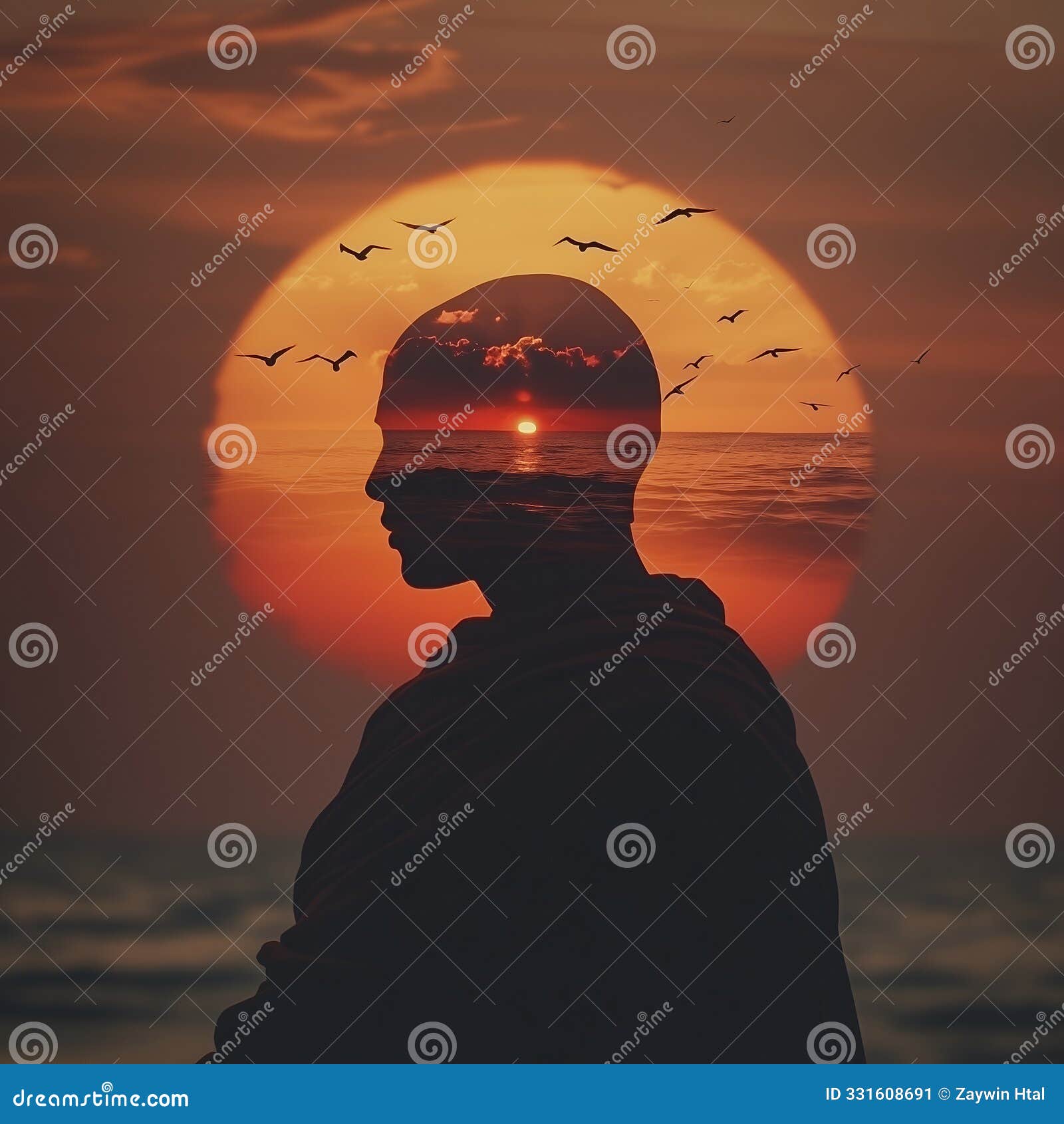 Double Exposure Image of a Burmese Buddhist Monk at Beautiful Sunset ...