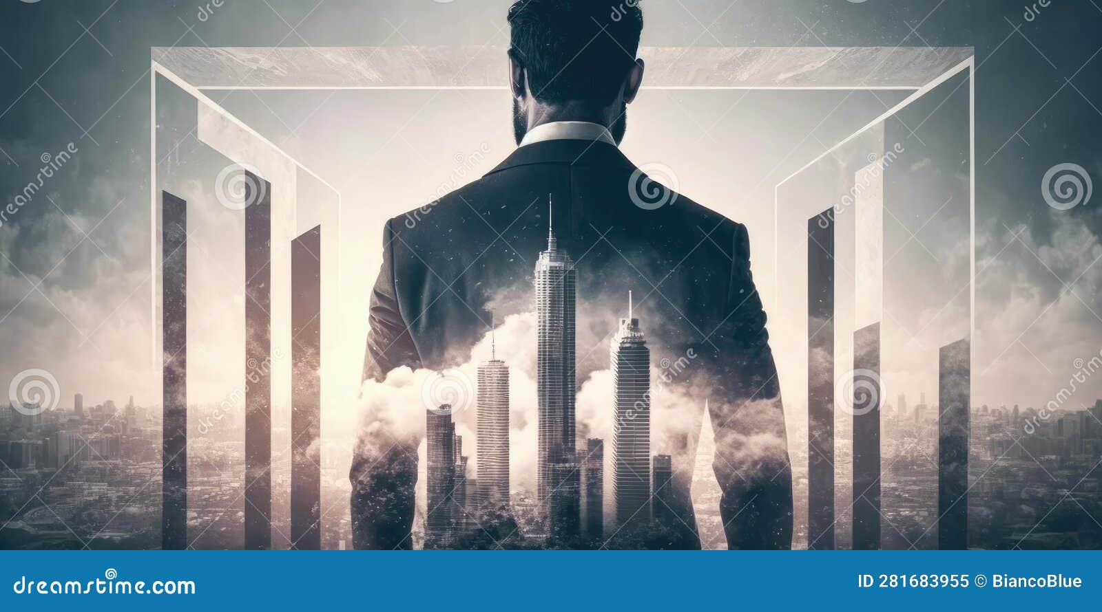 Double Exposure Image of Business Man Standing Back View with Cityscape ...