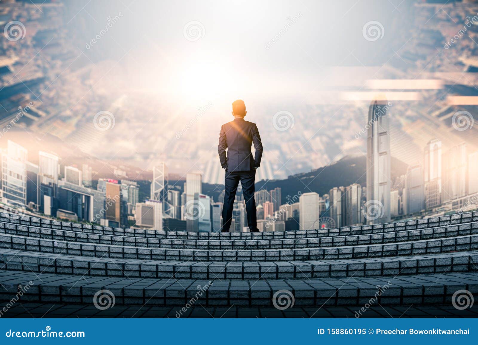 The Double Exposure Image Of The Businessman Standing Back During Sunrise Overlay With Cityscape