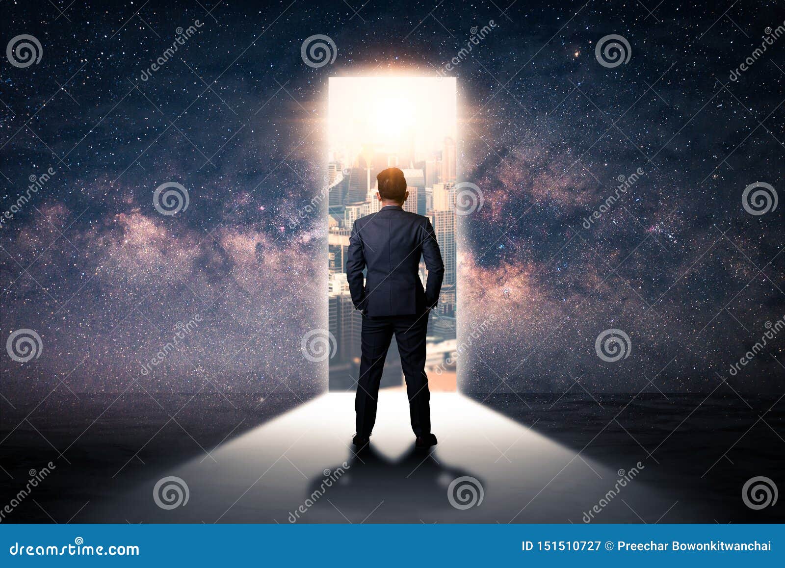 The Double Exposure Image Of The Businessman Standing Front Of The Door Is Opening During